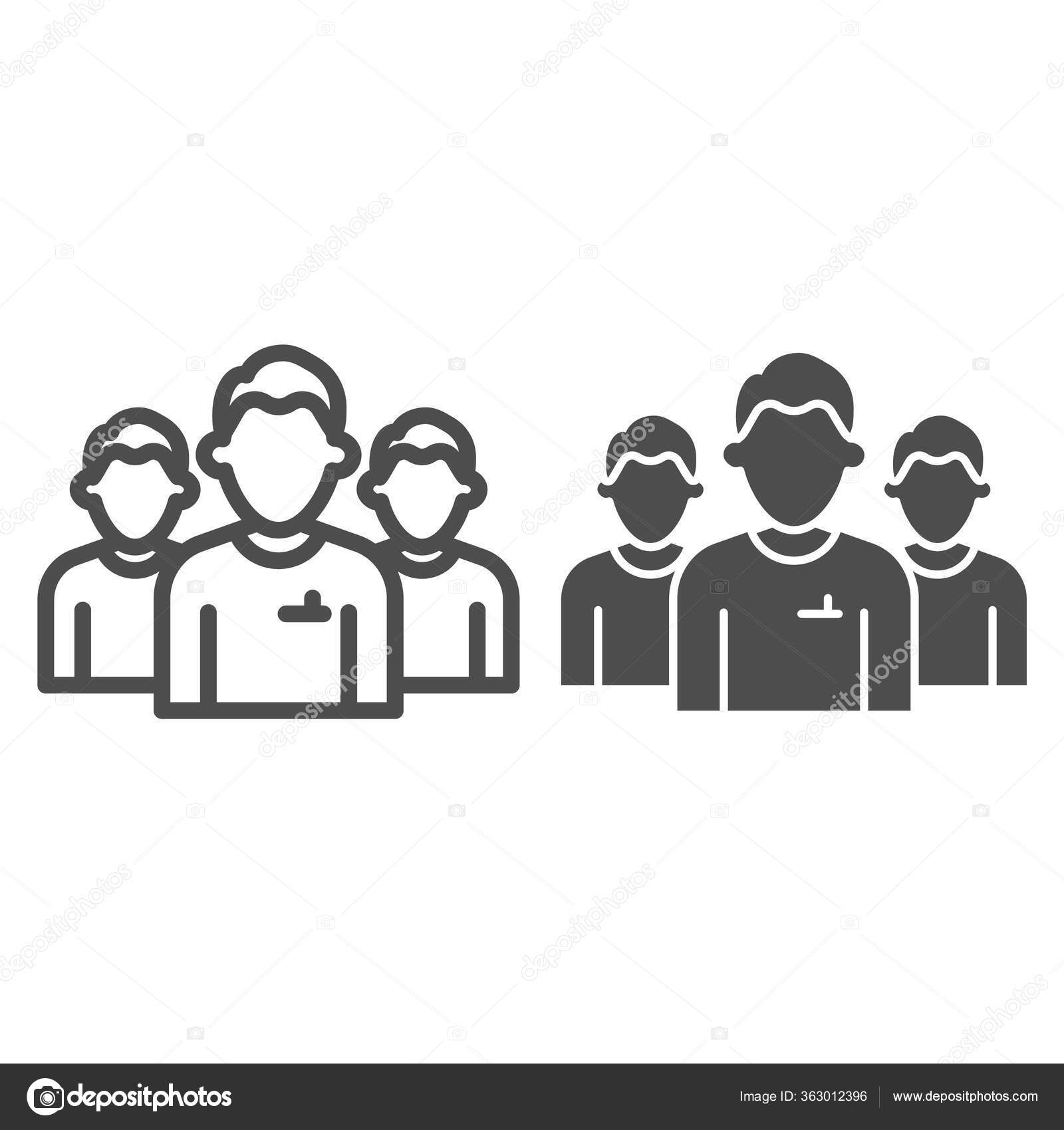 Mens group line and solid icon. Three men in uniform, office workers ...