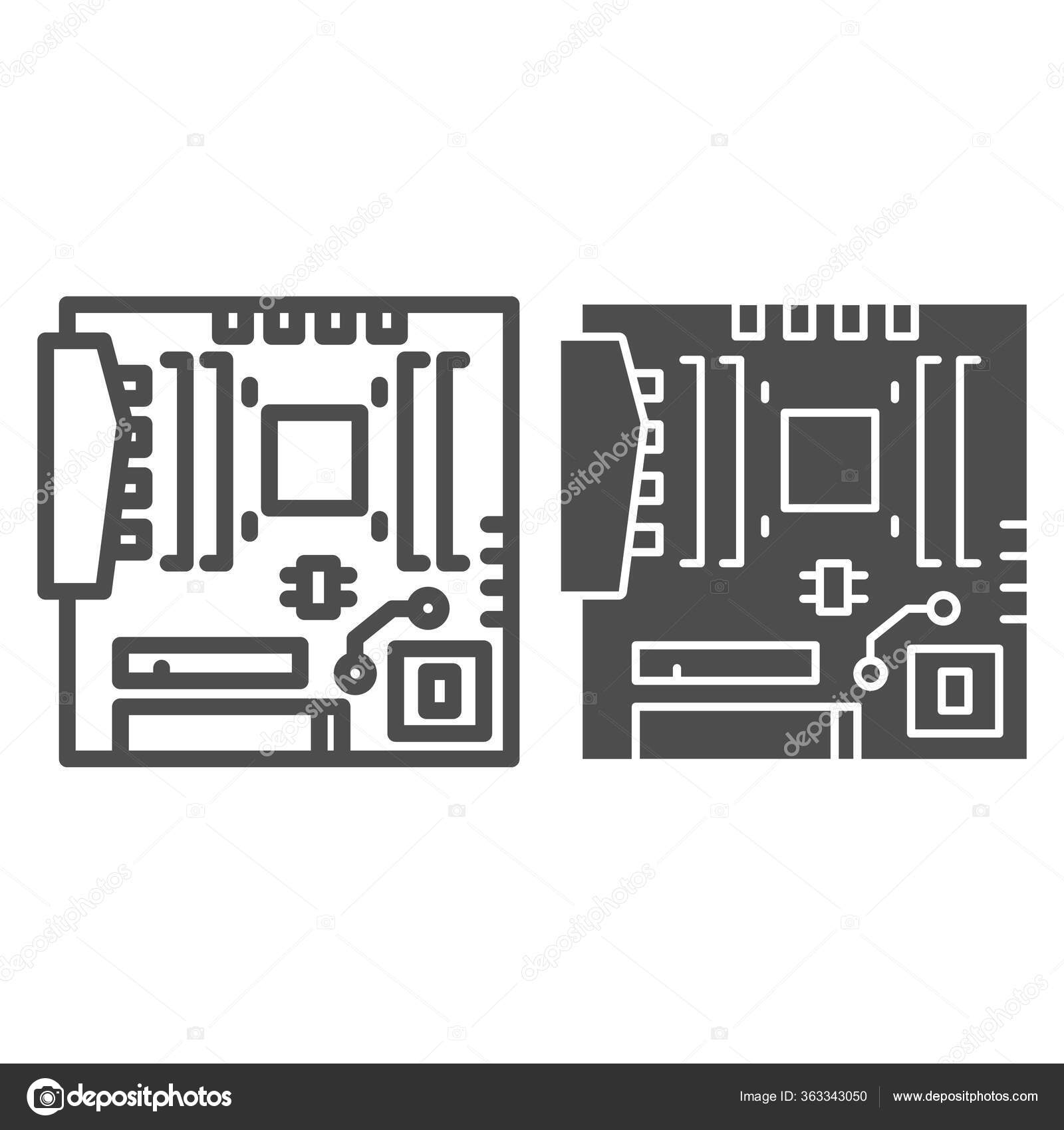 Modern motherboard line and solid icon. Main circuit board with ...