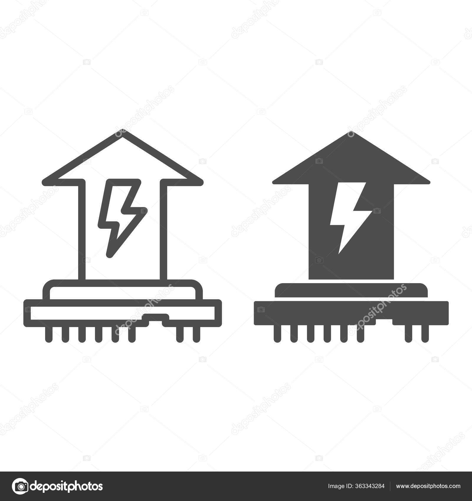 CPU power consumption line and solid icon. Microchip and up arrow with ...