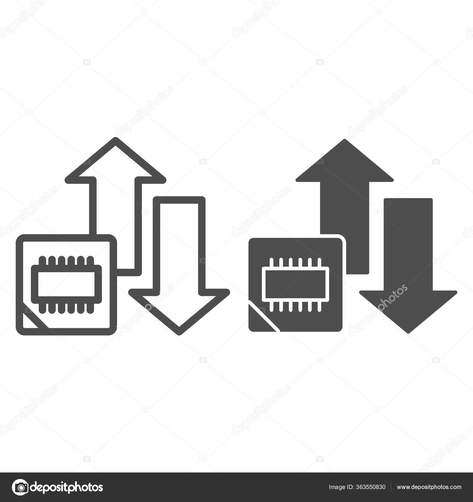 Microchip and arrows line and solid icon. Processor bus data peak ...