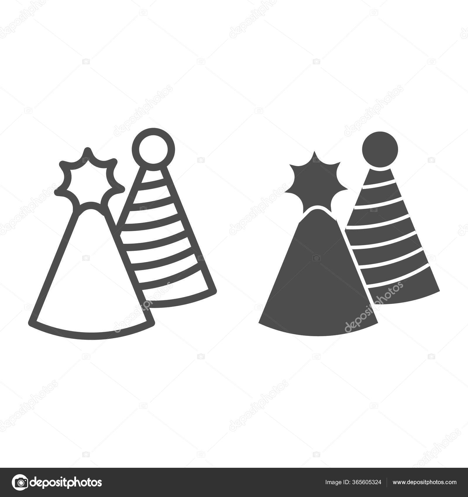 Festive caps line and solid icon. Two party hats with stripes and stars ...