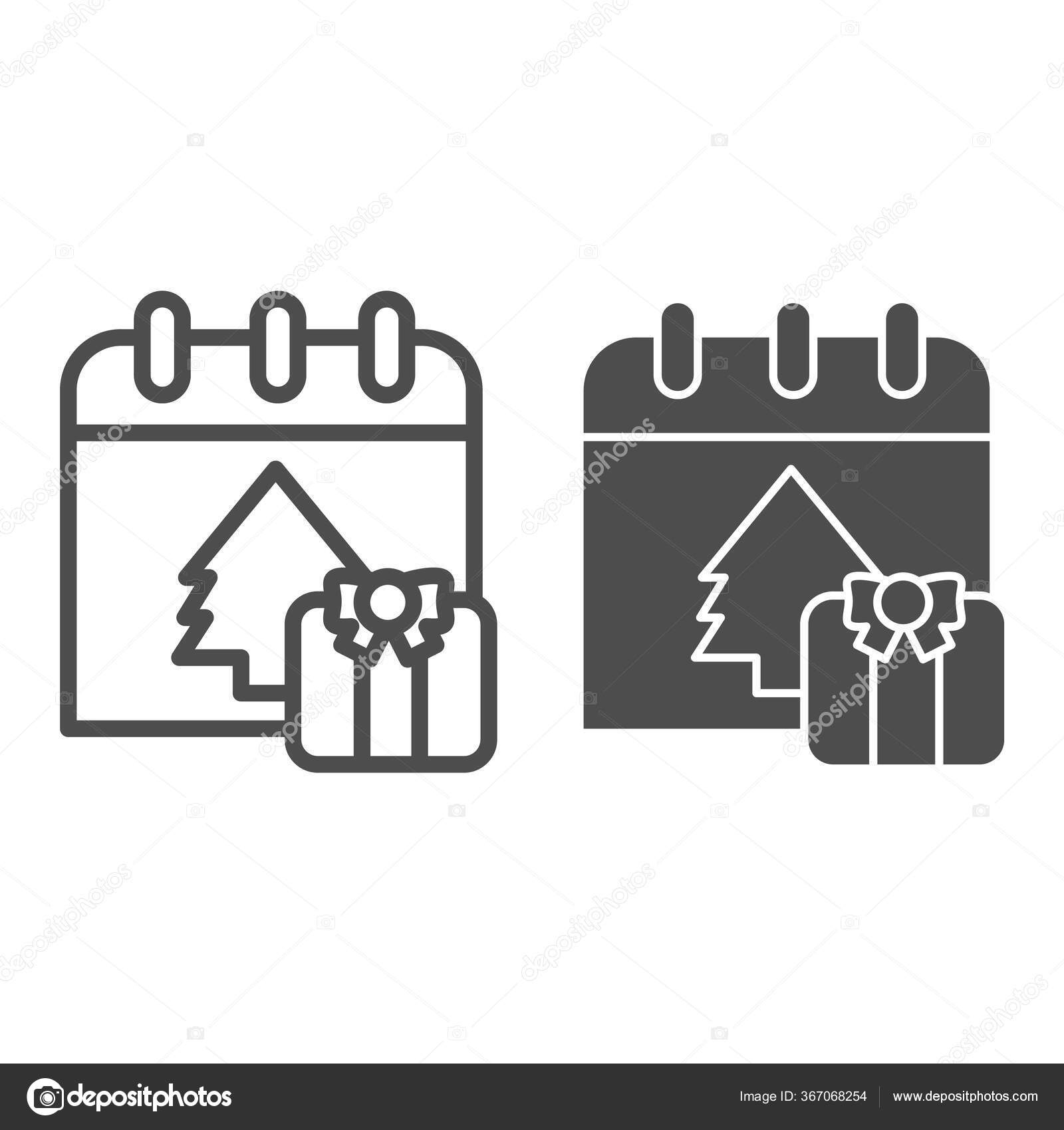 New year calendar line and solid icon. Calendar page with tree and gift ...