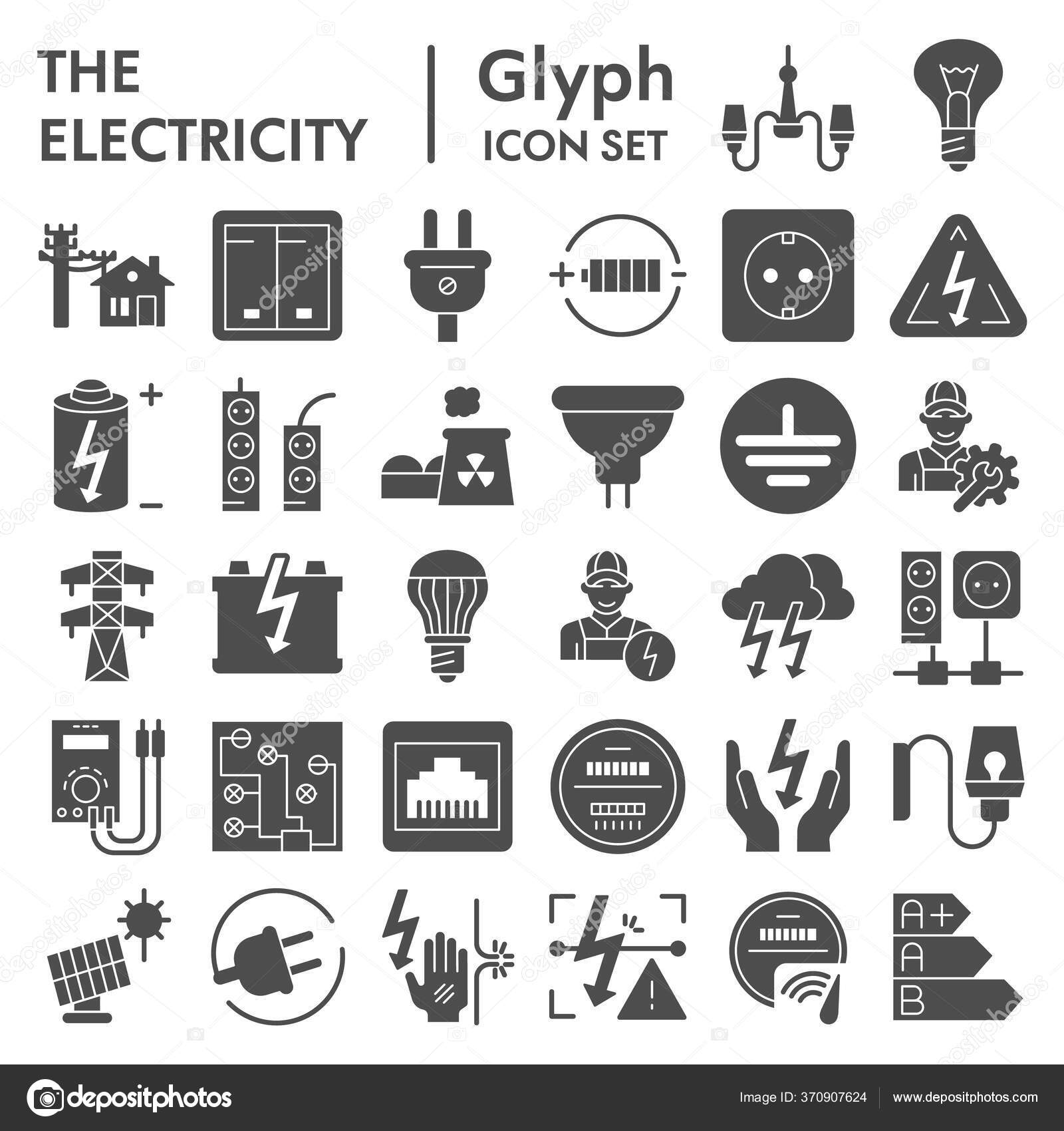 Ensemble d'icônes de glyphe d'électricité, collection de symboles de ...