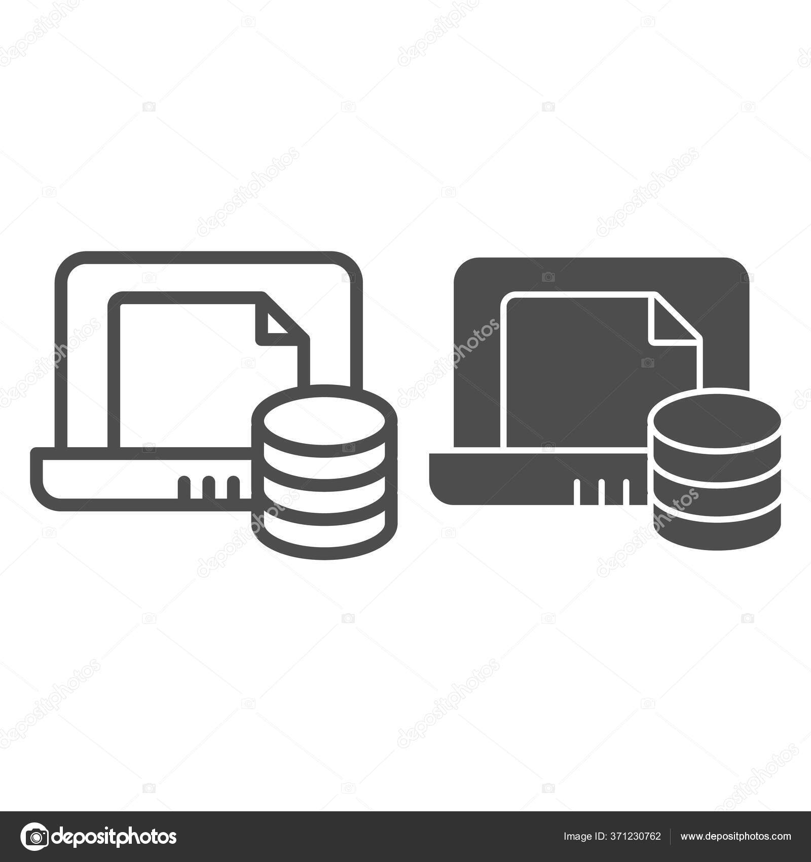 File storage on laptop line and glyph icon. Paper archive on notebook ...