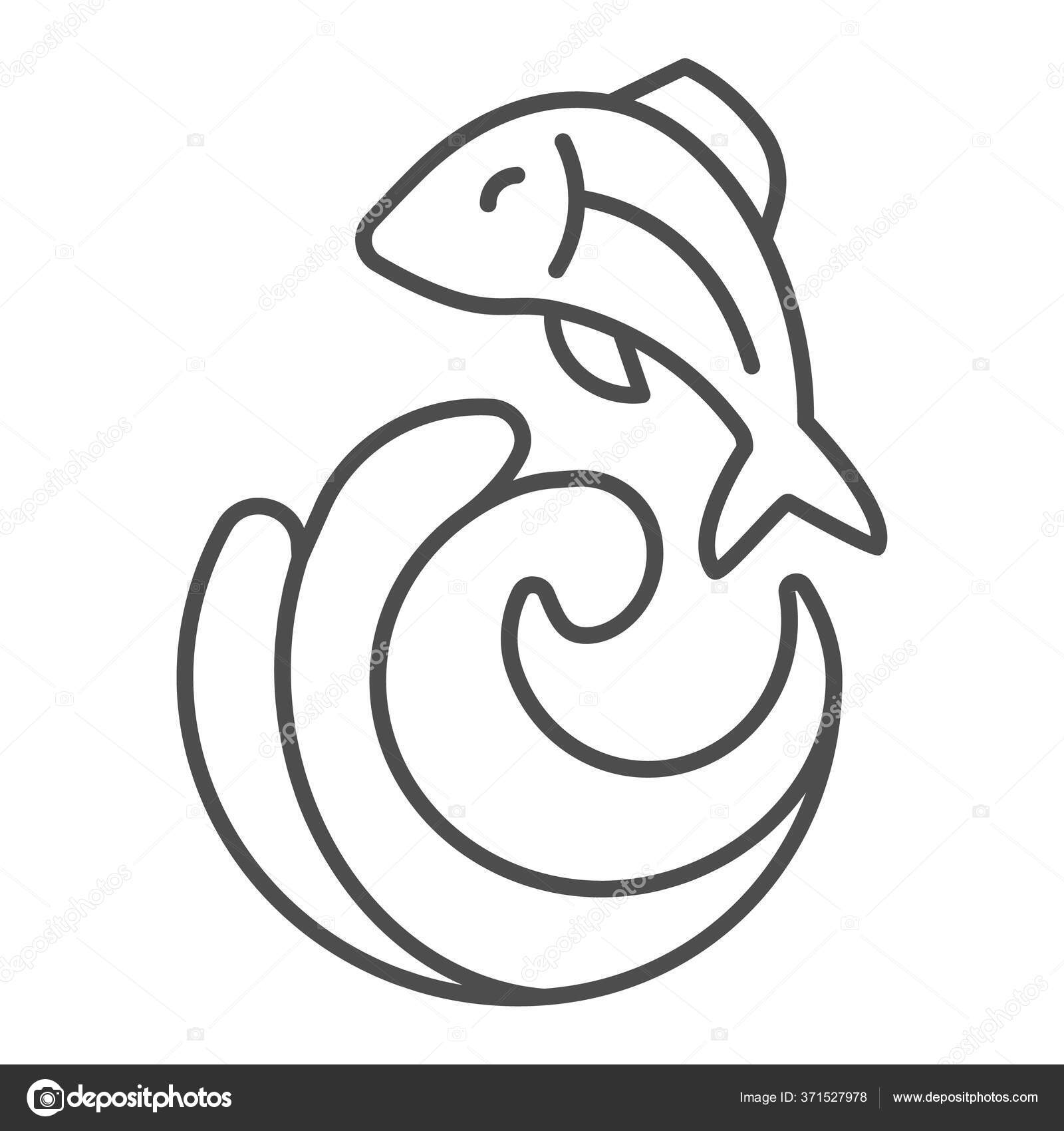 Wave with fish thin line icon. Fishing vector illustration isolated on ...