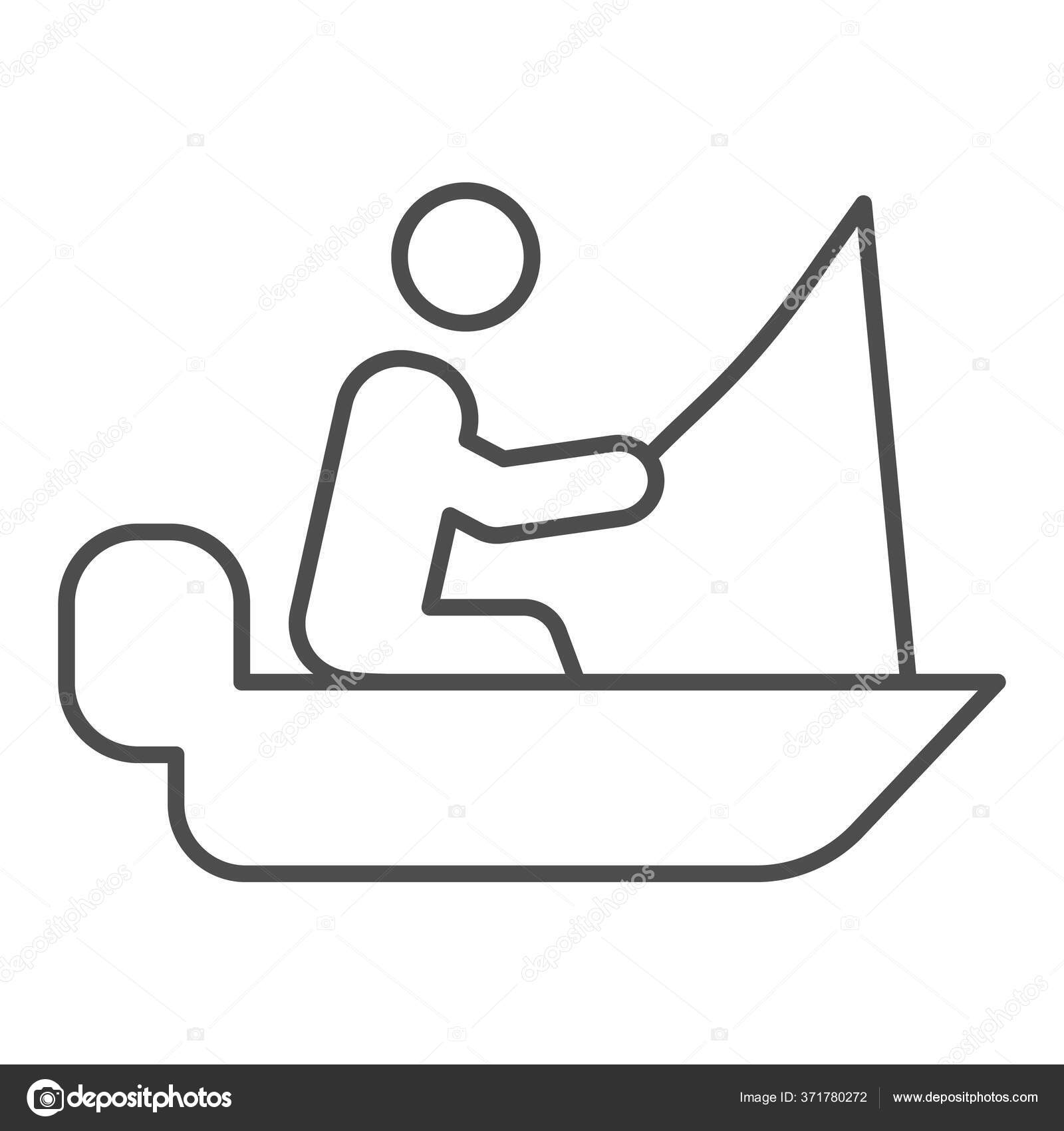 Man cath fish on fishing rod thin line icon. Boat with fisherman vector ...