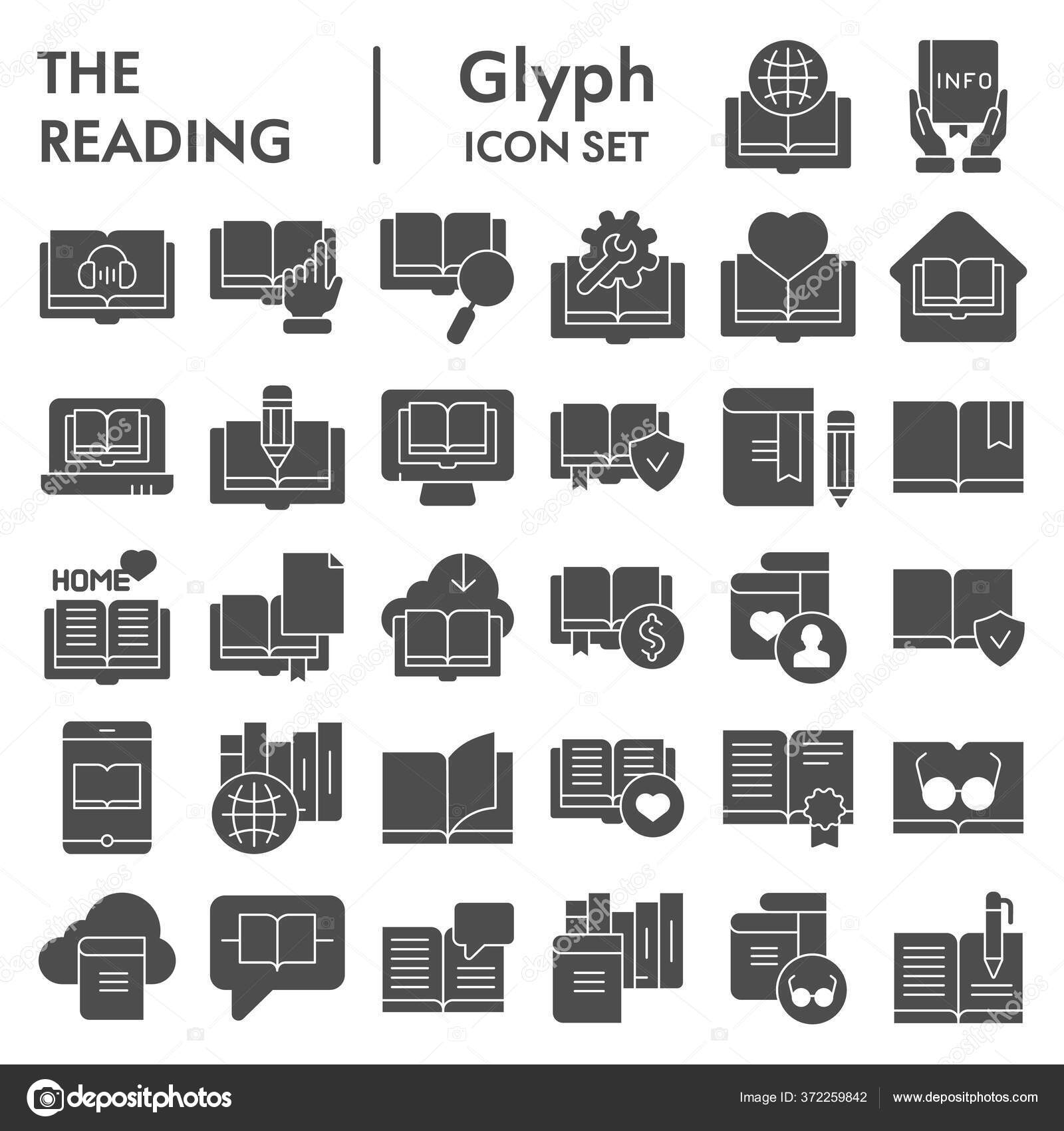 Reading glyph icon set, books symbols collection, vector sketches, logo ...