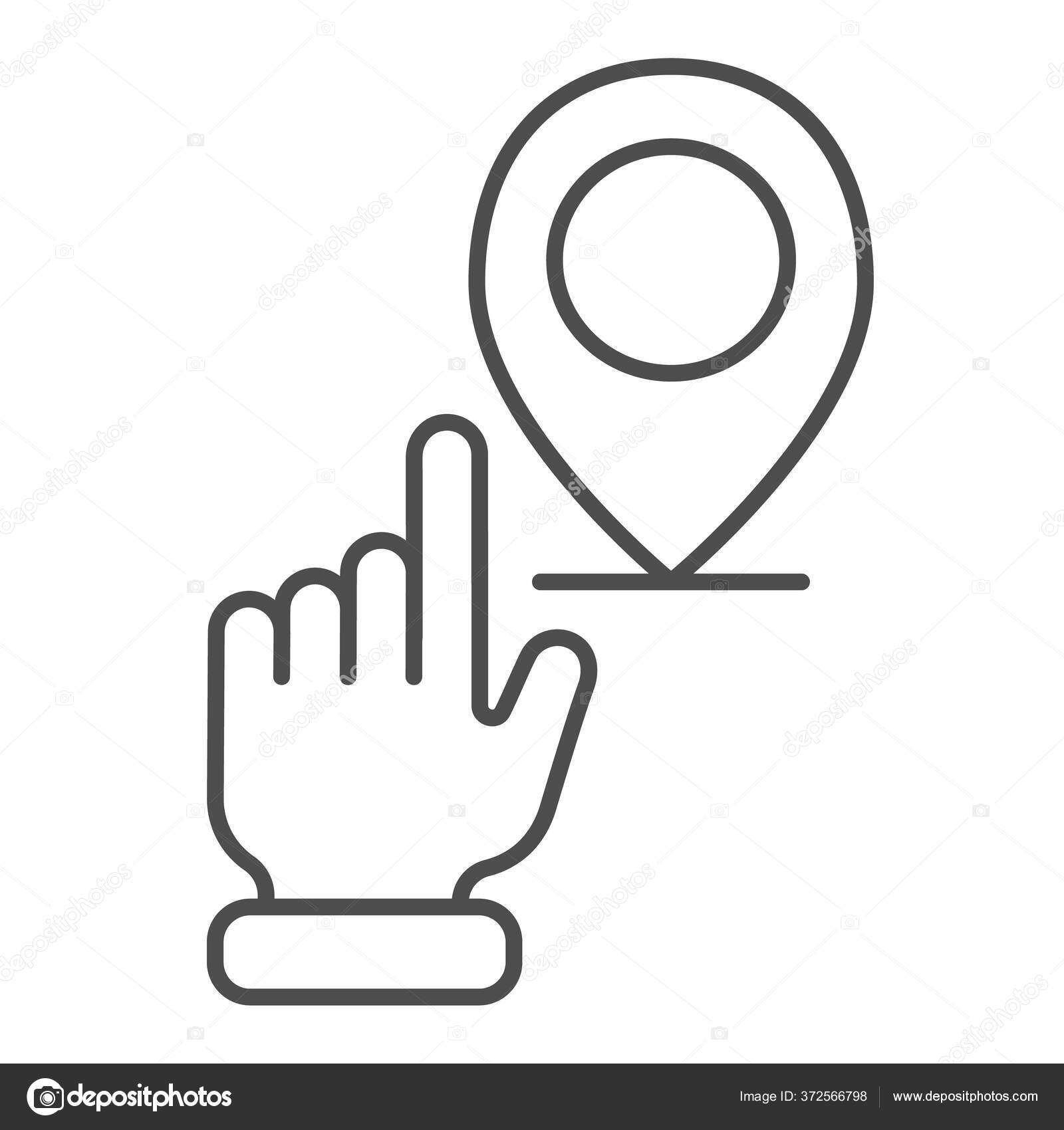 Hand pointing location thin line icon. Hand with map pin vector ...
