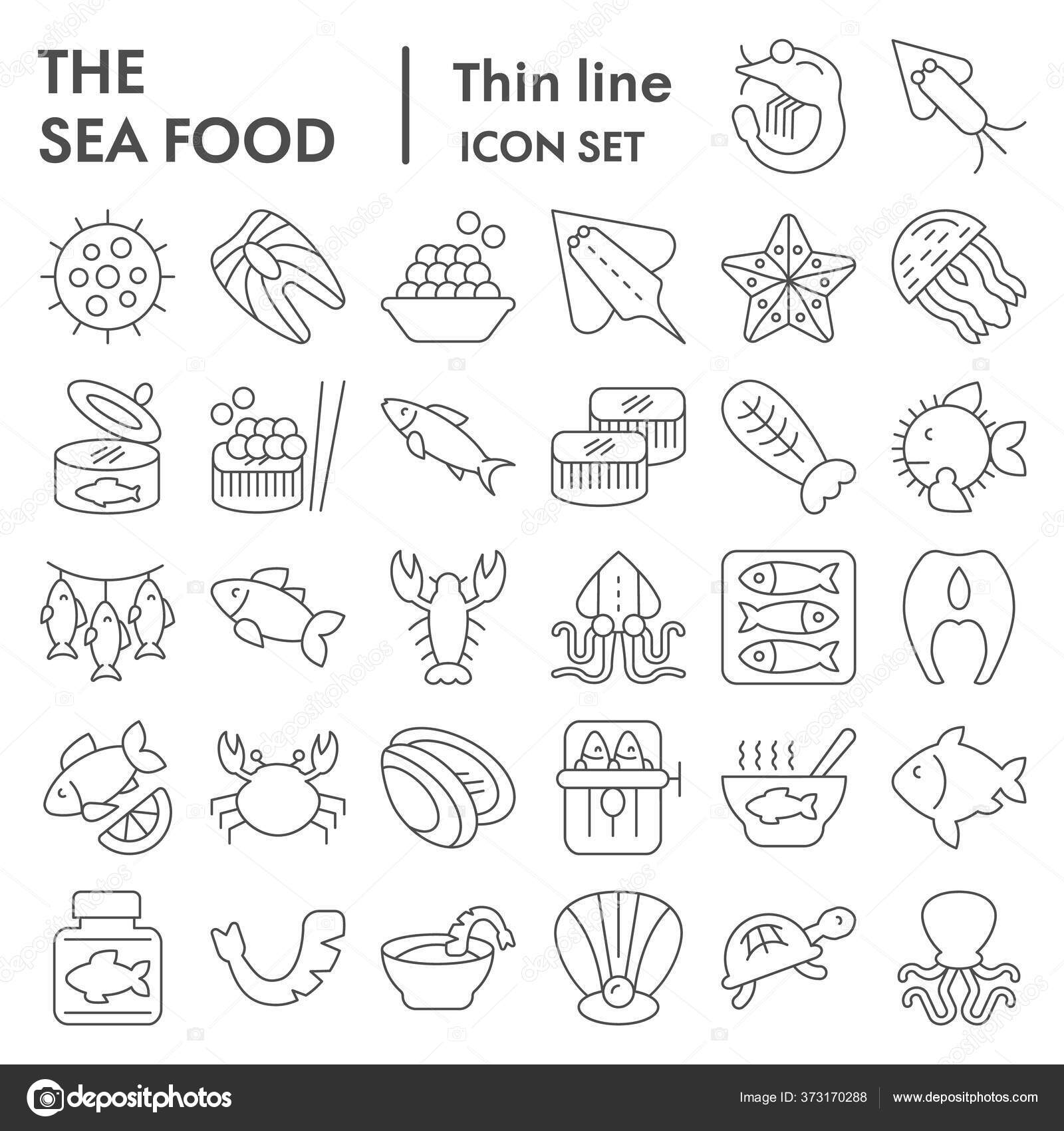 Sea food thin line icon set, ocean symbols collection, vector sketches ...