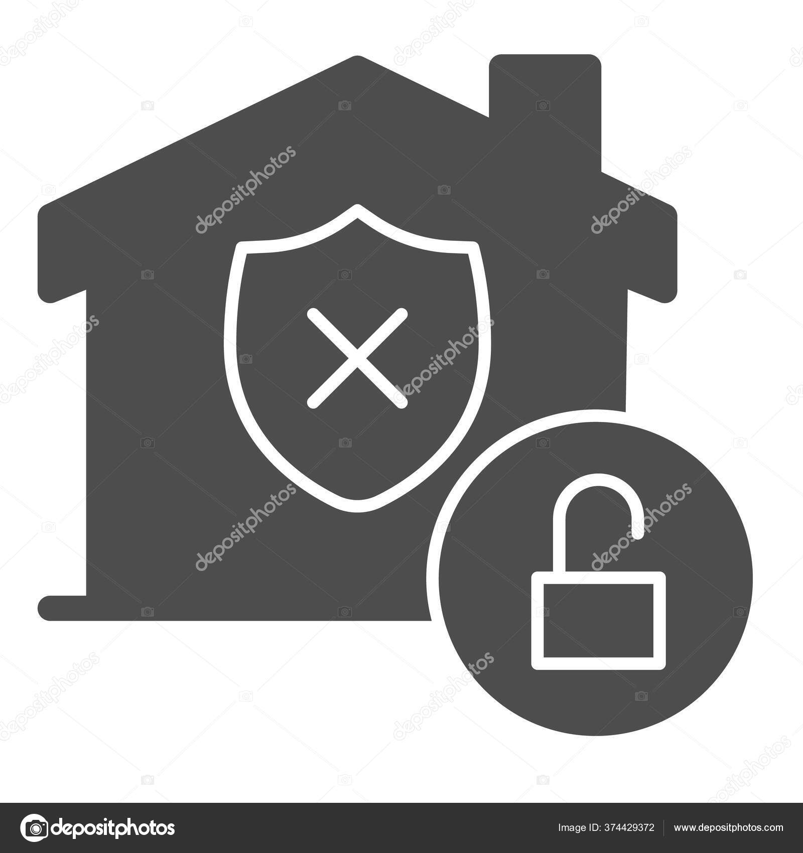 Unprotected building emblem and open lock solid icon, smart home symbol ...