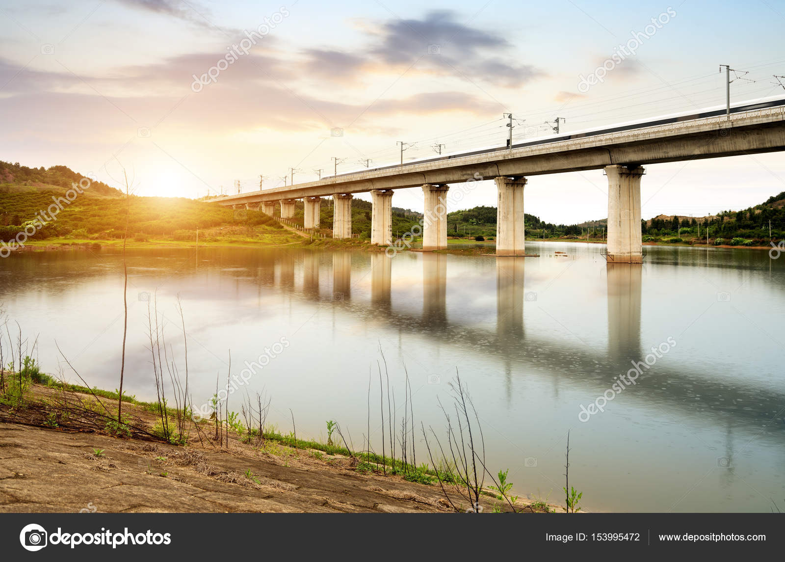 A high-speed train running on an elevated bridge — Stock Photo ...