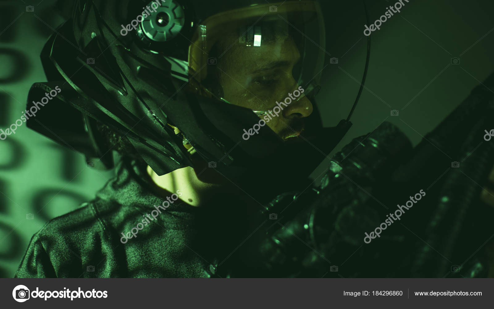 Soldier Cyborg Man Future Helmet Lights Led Huge Laser Gun Stock Photo ...