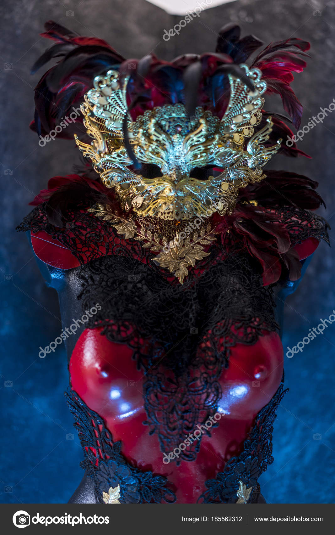 Masquerade Party Venetian Red Mask Red Corset Pieces Gold Black — Stock ...