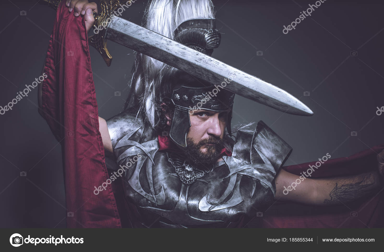 Strength Roman Gladiator Wrestler Warrior Rome Helmet Red Cloak Carries ...