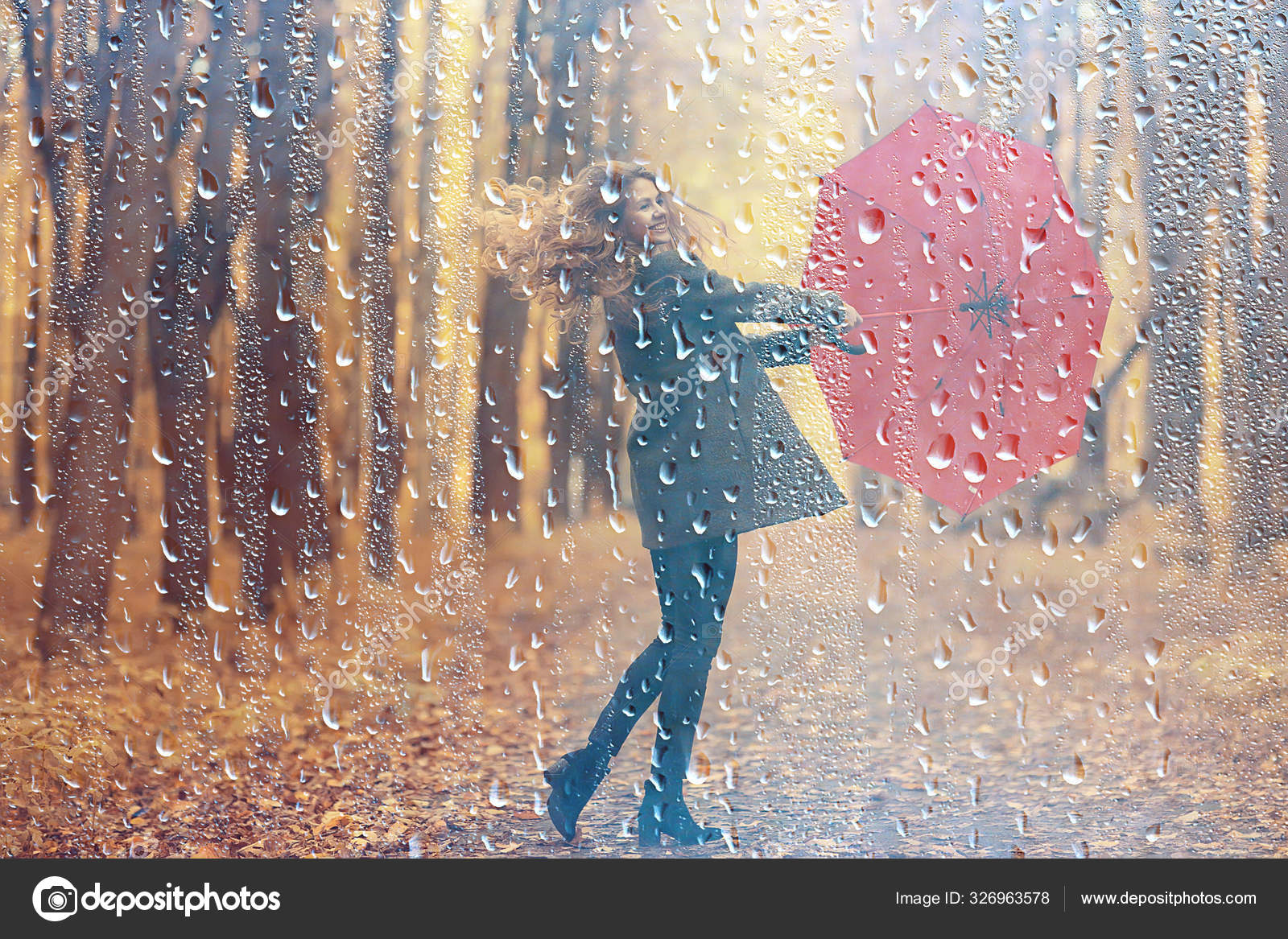 Autumn Rain Woman Beautiful Model Rain City Park Autumn Warm — Stock ...