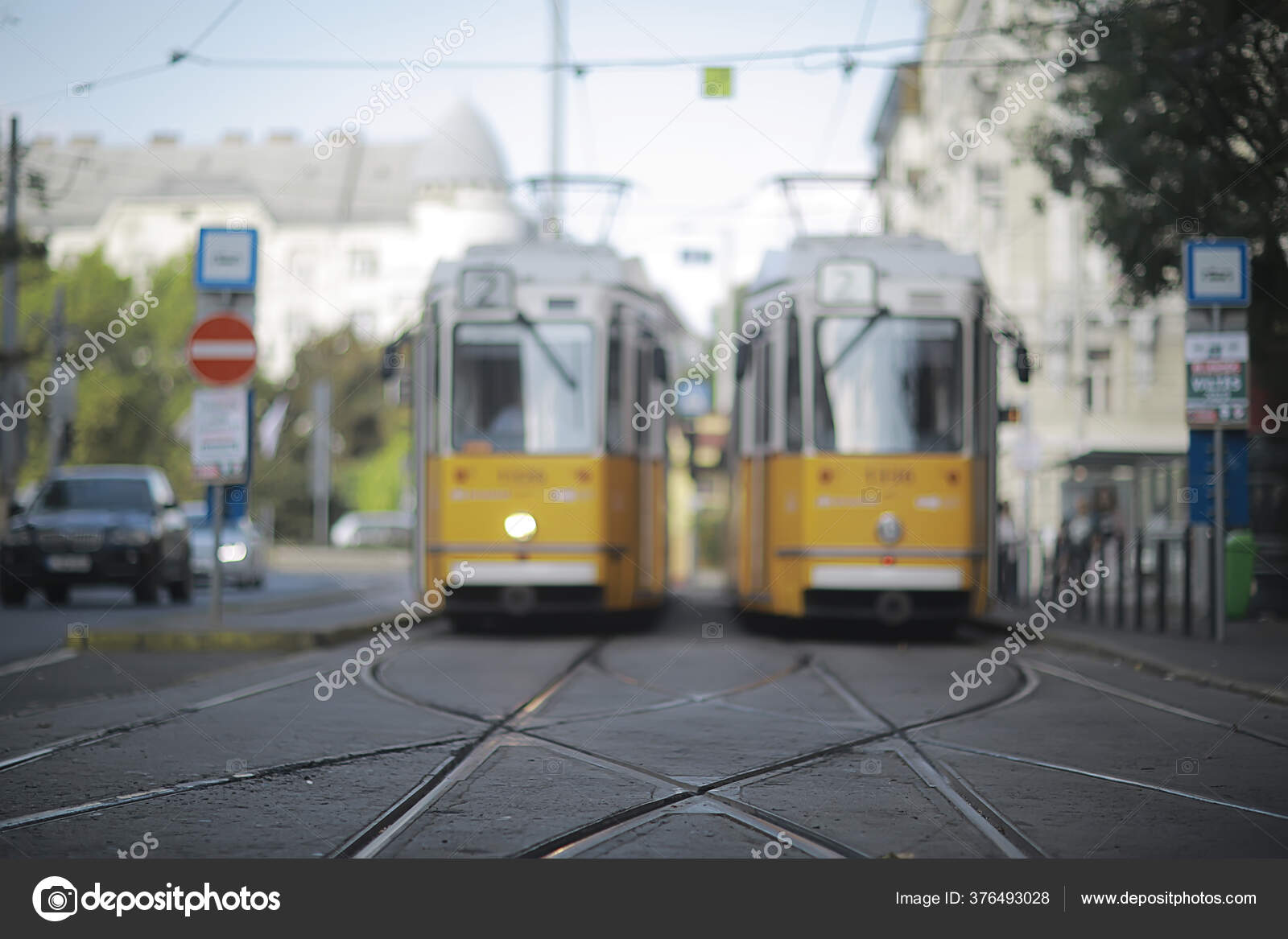 Trams City Landscape Blurred Background Traditional European City View ...
