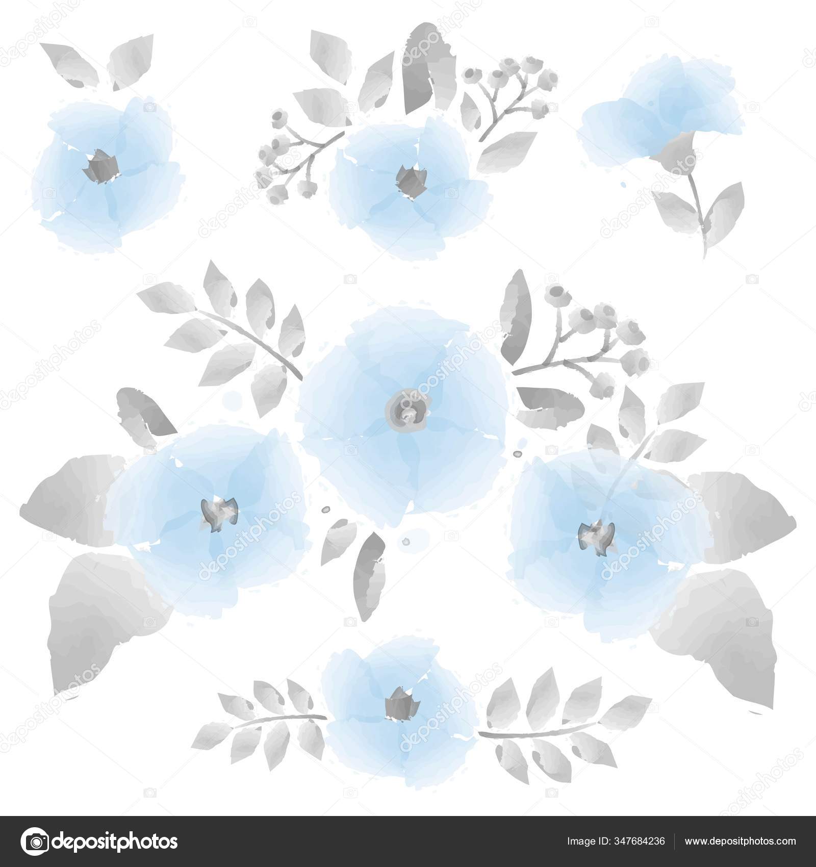 Blue Abstract Watercolor Flower Kit Vector Illustration Isolated White ...