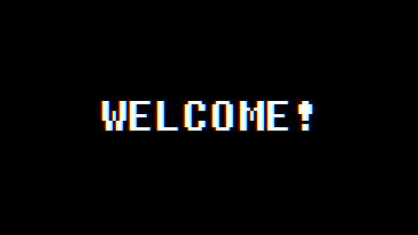 Retro videogame WELCOME word text computer old tv glitch interference ...