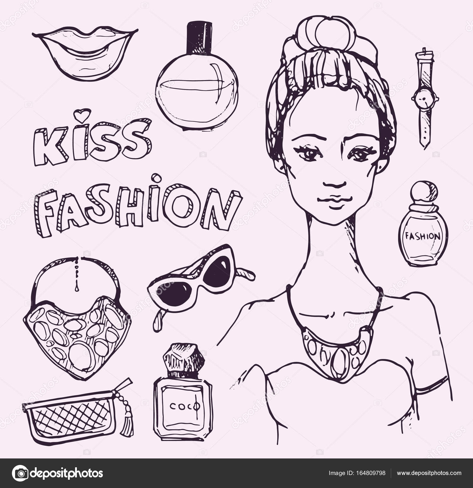 Big Vector Fashion Sketch Set Hand Drawn Graphic Lips Perfume