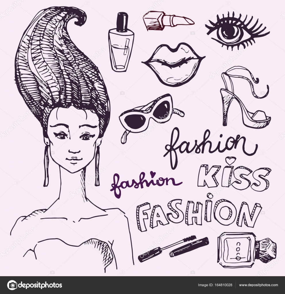 Big Vector Fashion Sketch Set Hand Drawn Graphic Lips Perfume
