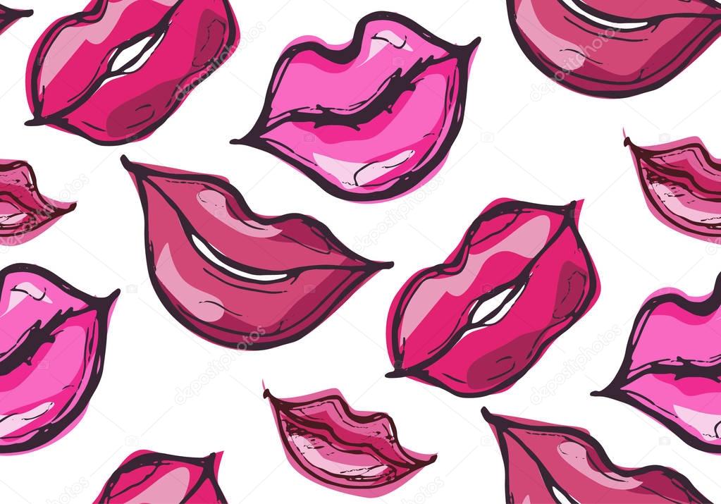 Patrón de garabato dibujado a mano con labios rojos.Fondo vectorial ...