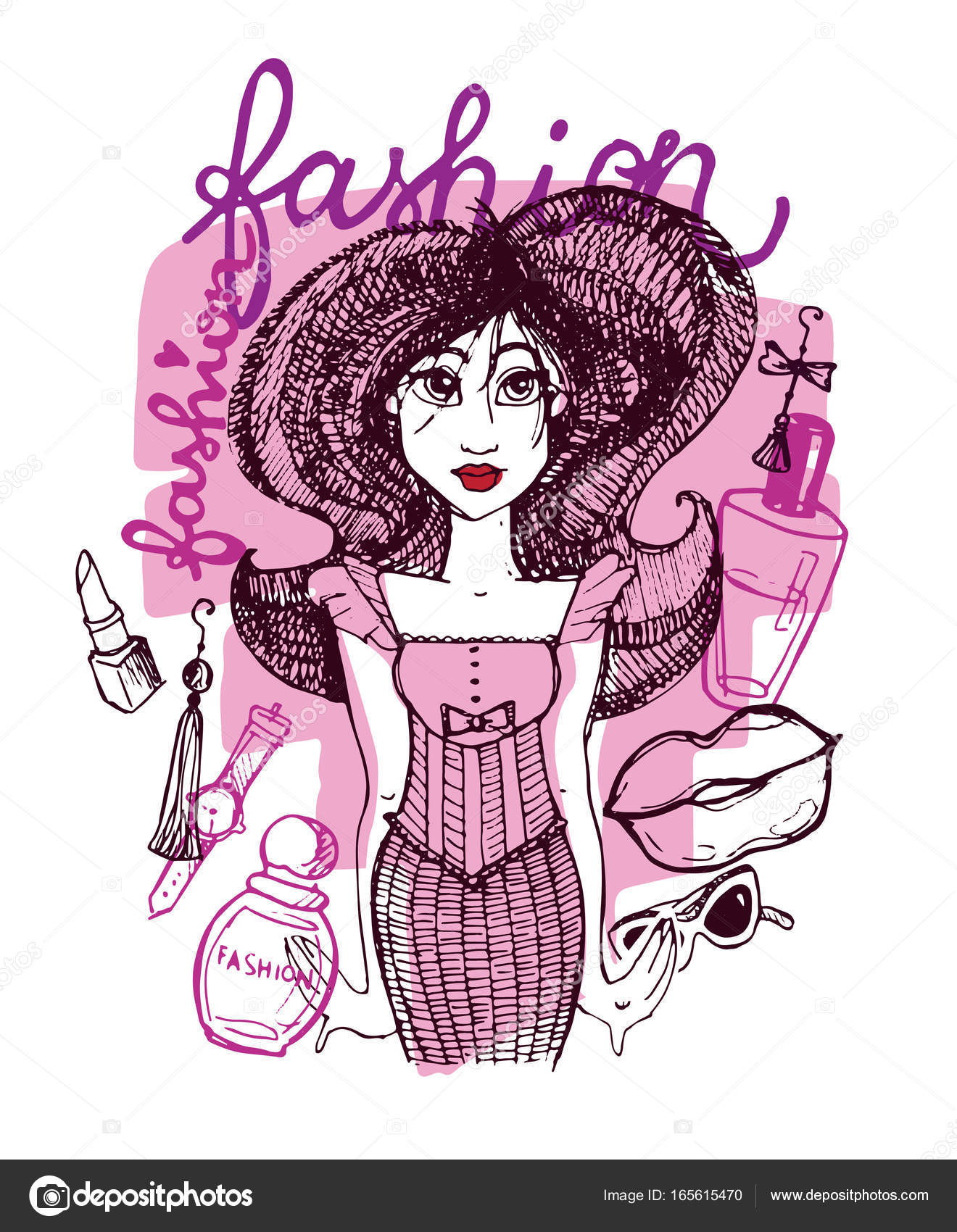 Printbig Vector Fashion Sketch Set Hand Drawn Graphic Lips Perfume