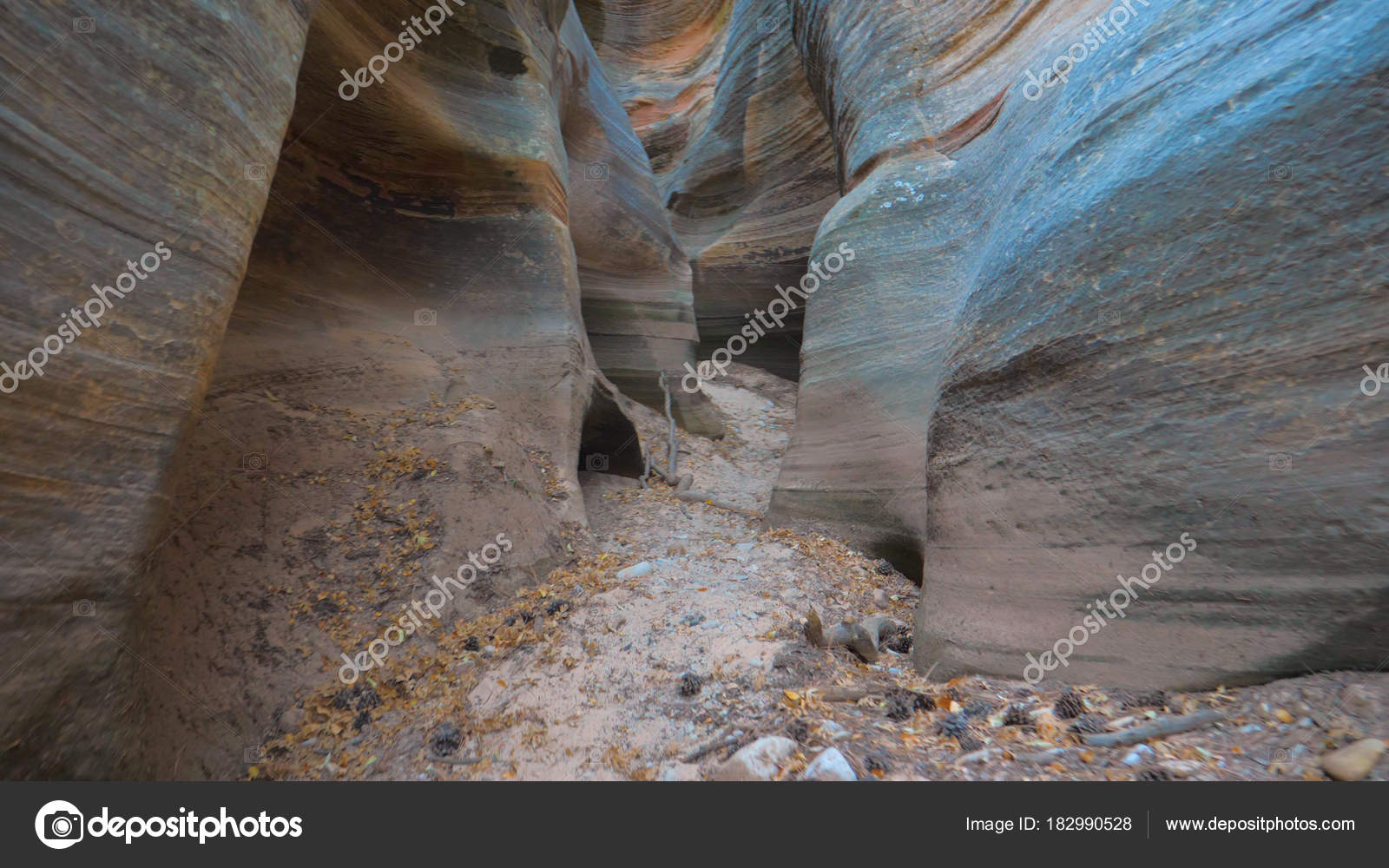 Camera Movement Along Dry River Gorge High Smooth And Wavy Rocks Of ...