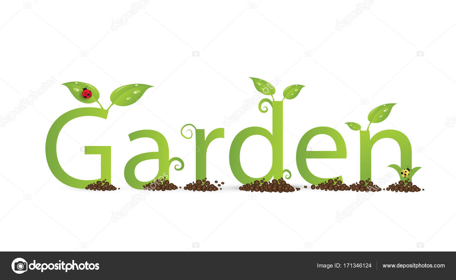 Green eco friendly text Garden decorated with leaves and bugs and curl ...