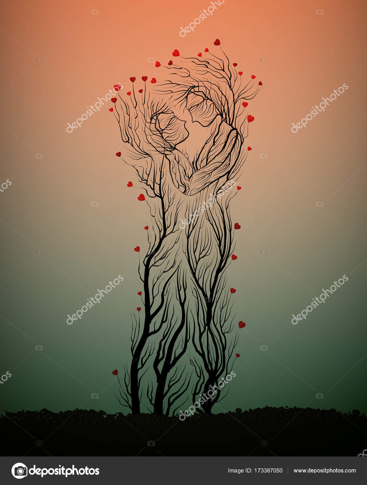 Two trees in love looks like man and hug each other, two lovers concept ...