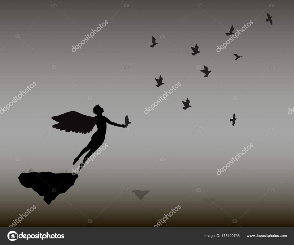 Angel flies with the flock of pigeons , black and white, fly away, on ...