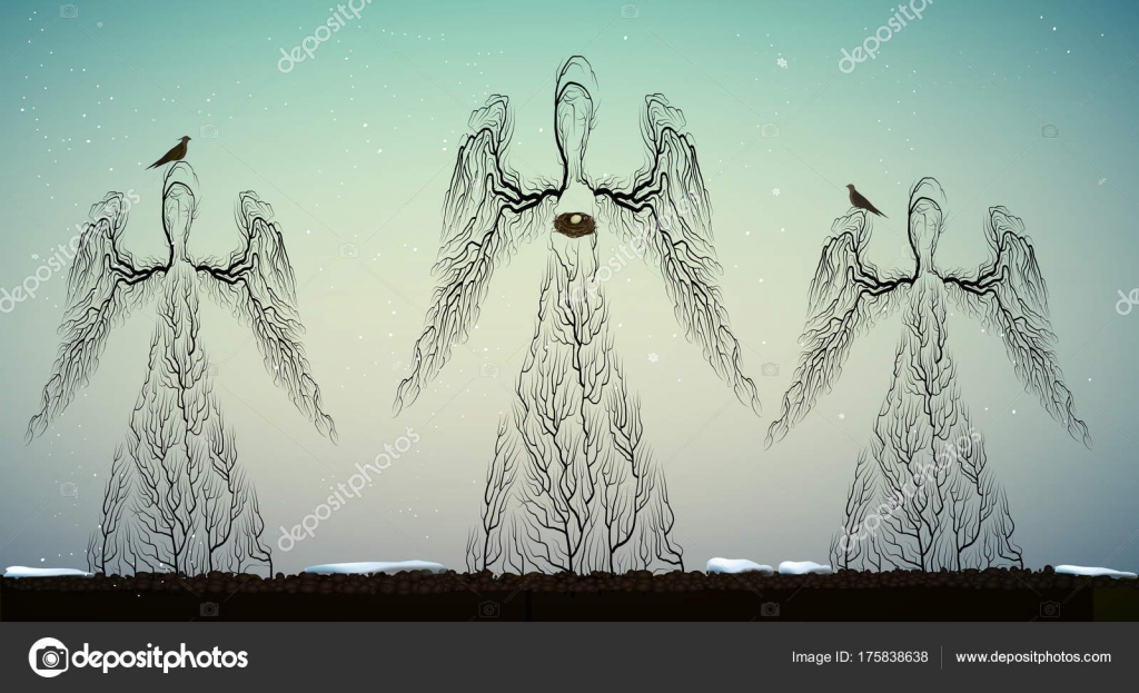Trees look like angels with birds and nest , forest spirit, trees ...