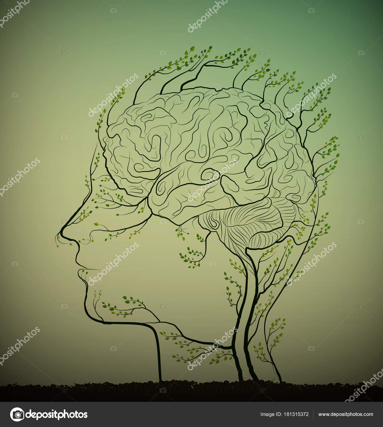 Man brain looks like tree with green branches, herbal medicine against ...