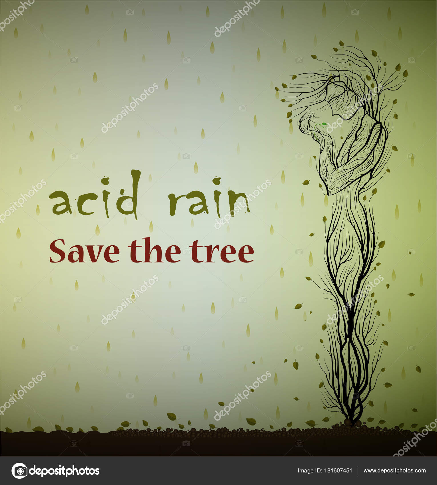 Text acid rain save the tree and dying tree looks like man and holding ...