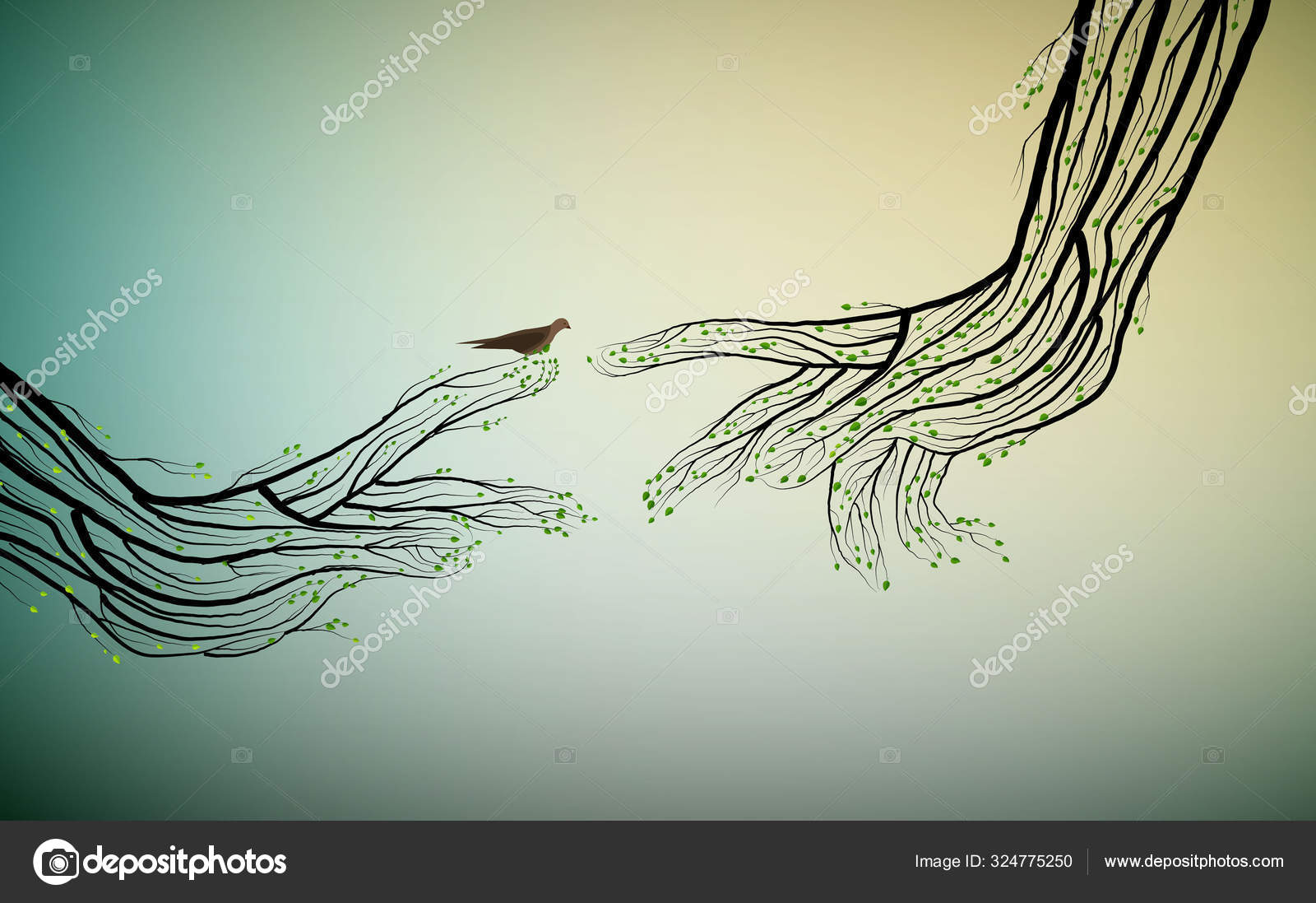 Human hands look like tree branches covering the bird, give life to ...