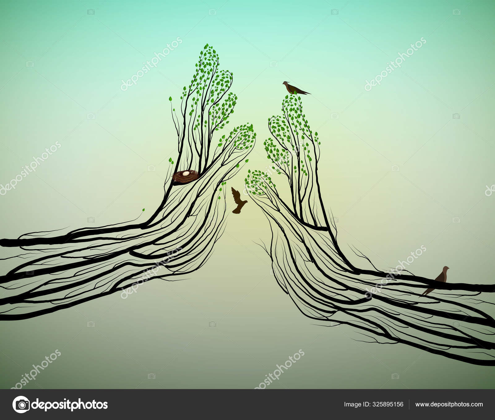 Human hands look like tree branches covering the bird nest, protect the ...