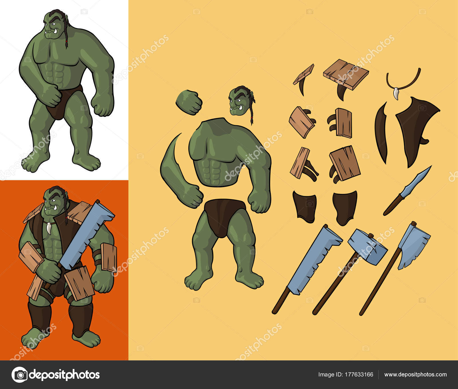 Set Orcs Strong Orc Equipment Vector Cartoon Orc Body Parts Stock ...