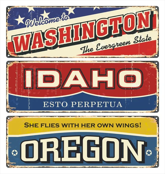Vintage tin sign collection with USA state. Retro souvenirs or postcard ...