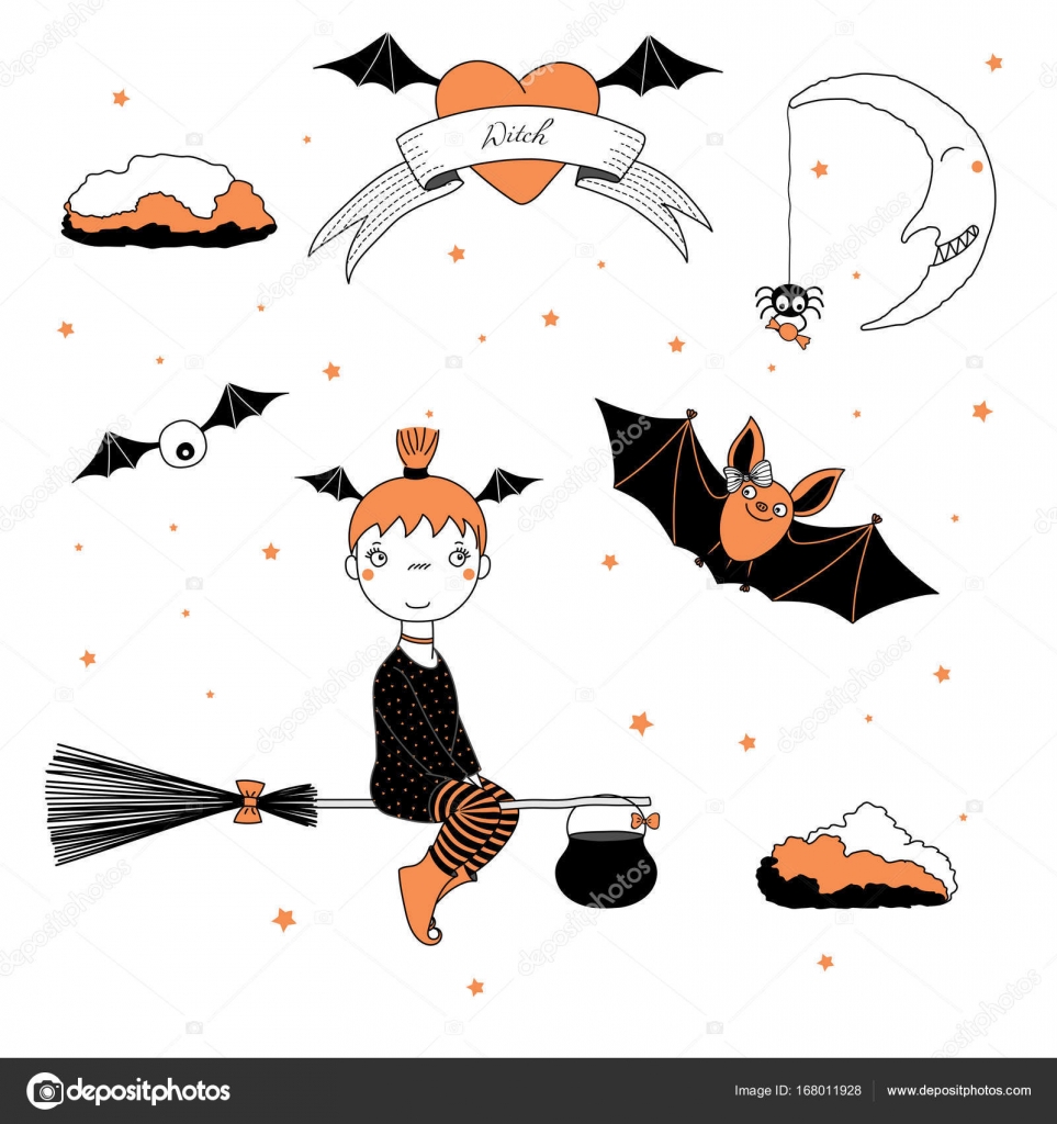 Funny witch and bat illustration Stock Vector by ©Maria_Skrigan 168011928