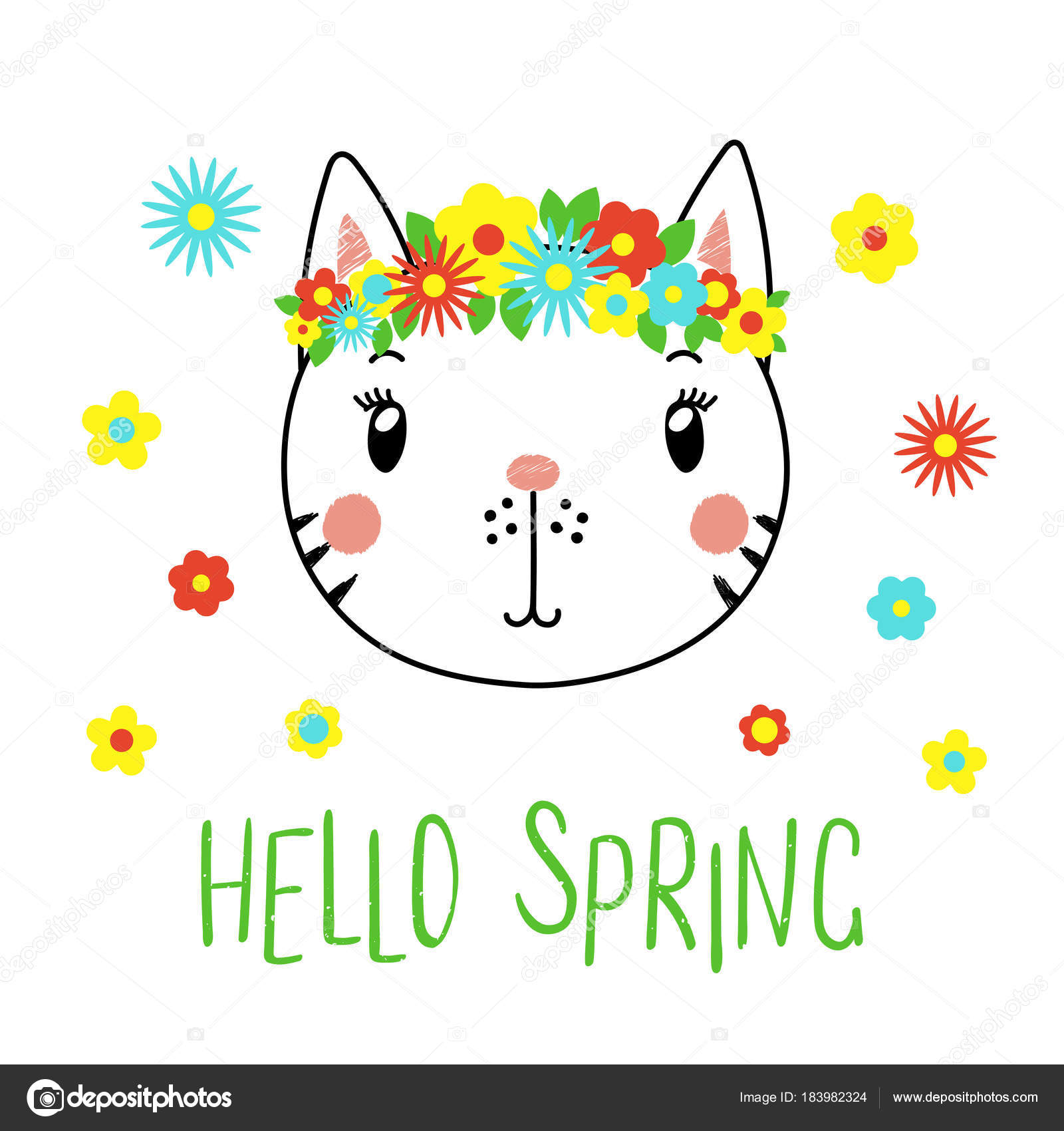 Hand Drawn Cute Funny Cat Flowers Text Hello Spring Vector Stock Vector ...