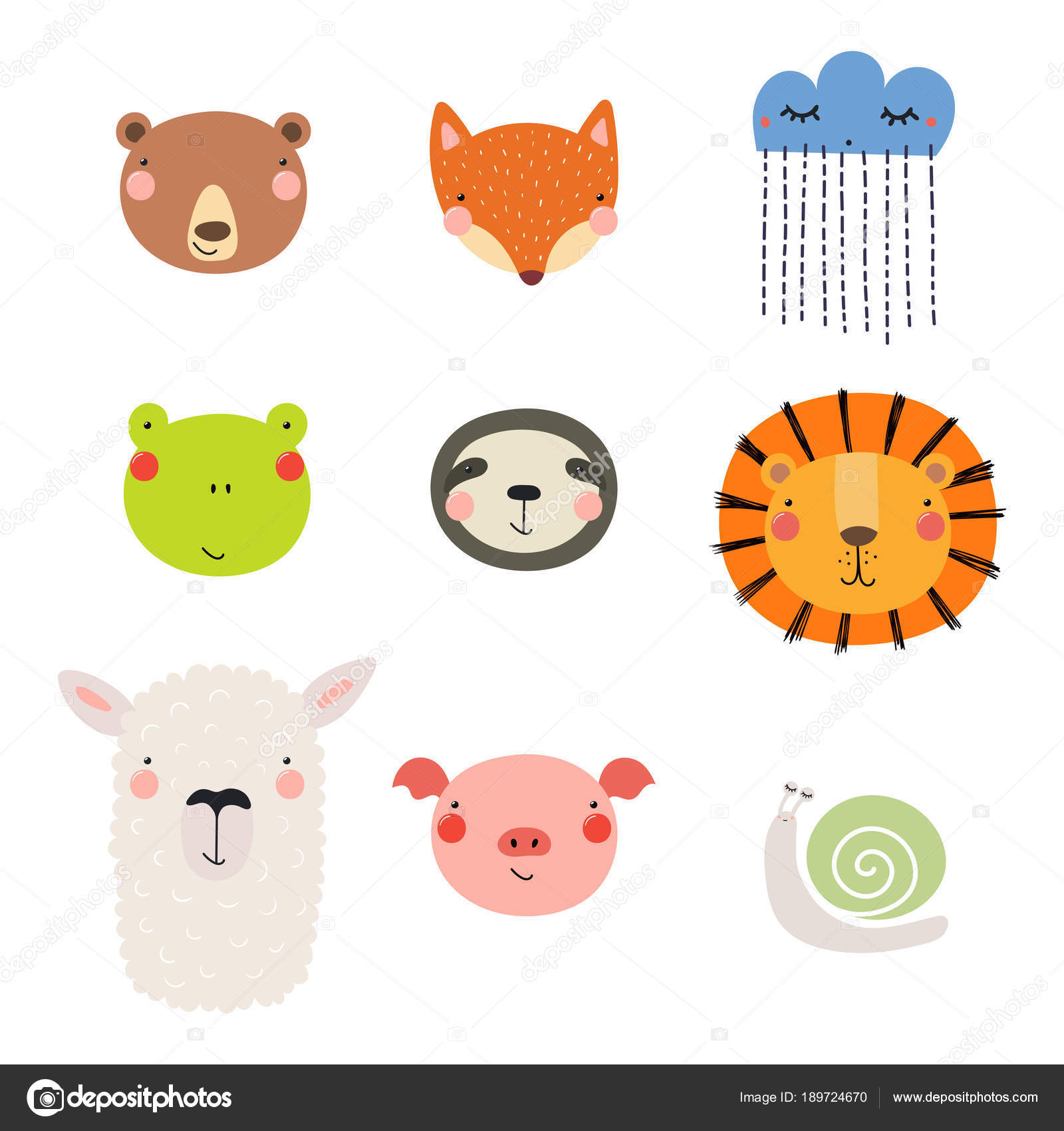 Set Cute Funny Hand Drawn Different Animal Faces Snail Cloud Stock ...