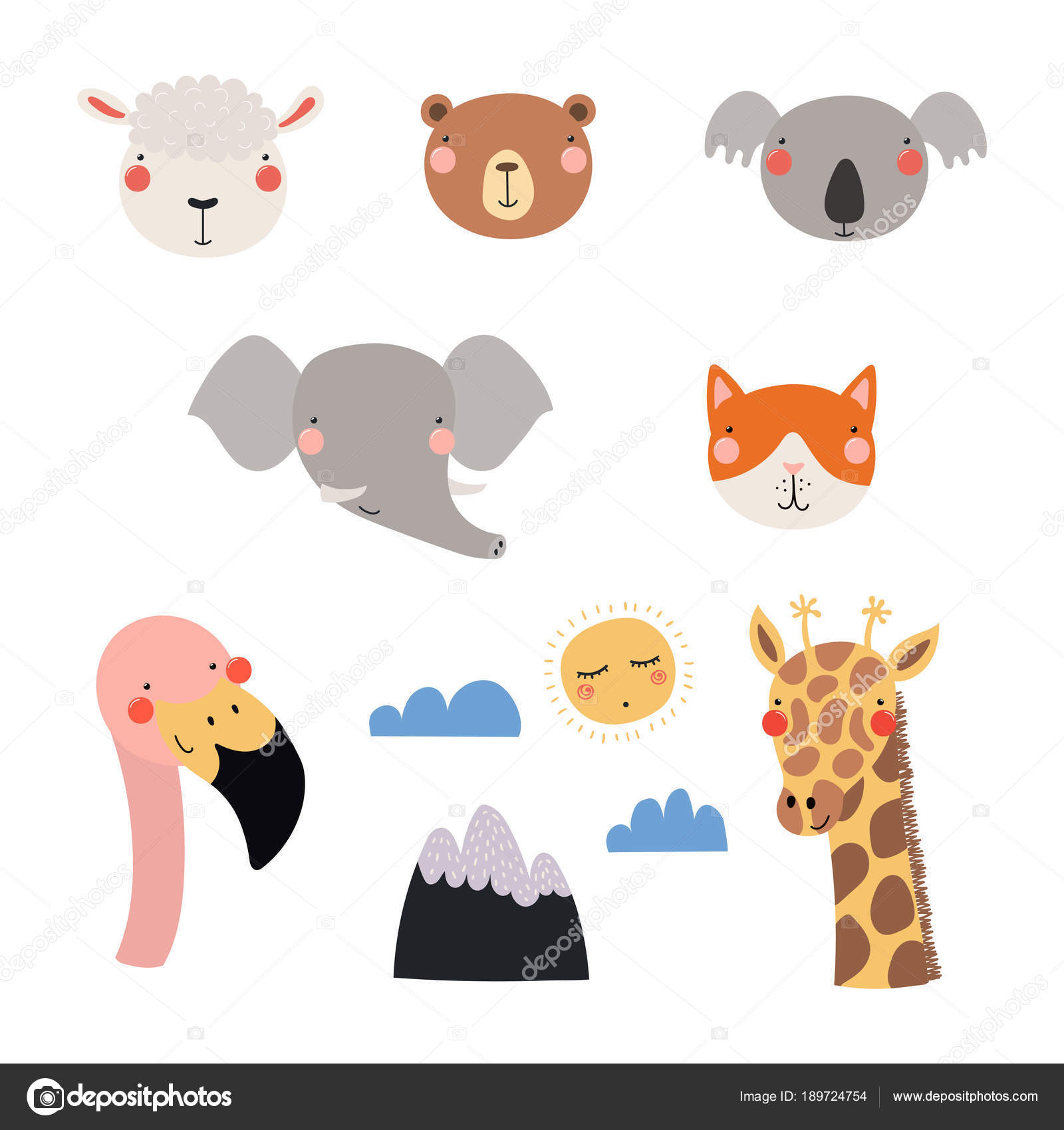 Set Cute Funny Hand Drawn Different Animal Faces Sun Clouds Stock ...