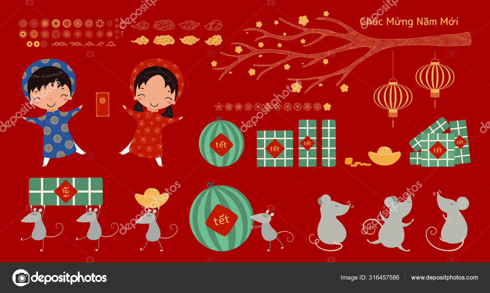 Set Tet Design Elements Kids Dai Rats Tree Branch Gold Stock Vector ...