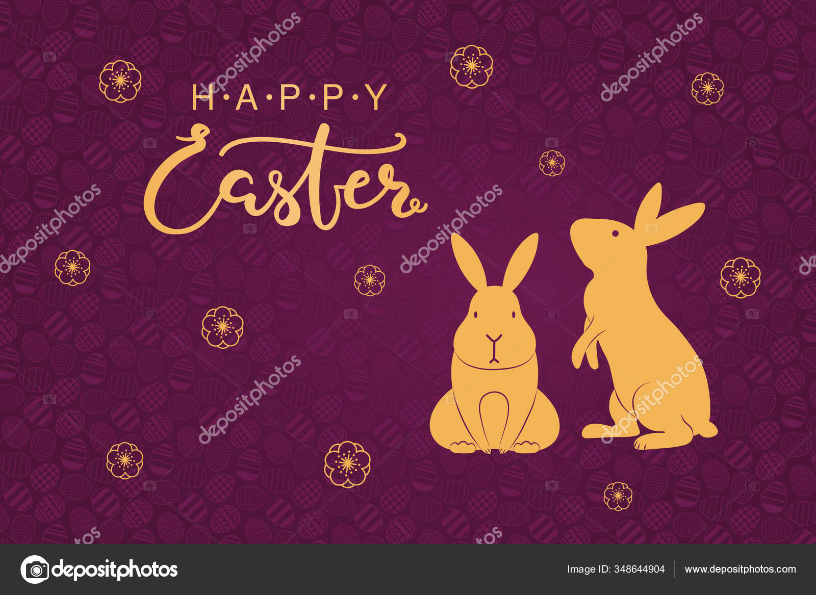 Banner Design Cute Rabbits Spring Flowers Text Happy Easter Purple ...