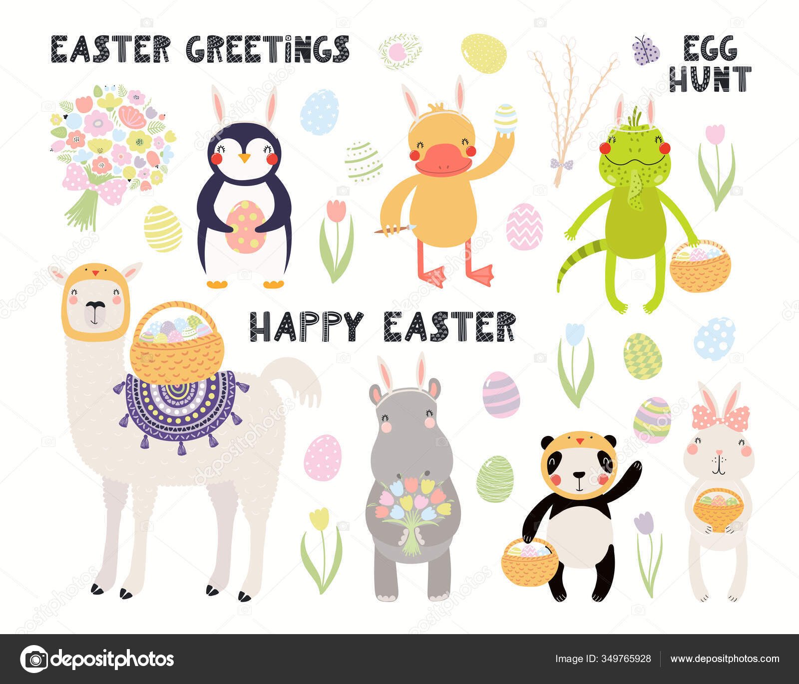 Big Easter Set Cute Animals Eggs Flowers Quotes Isolated White Stock ...
