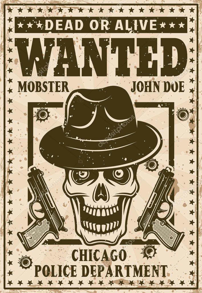 Cartel de la mafia en estilo vintage con cráneo de mafioso 2023