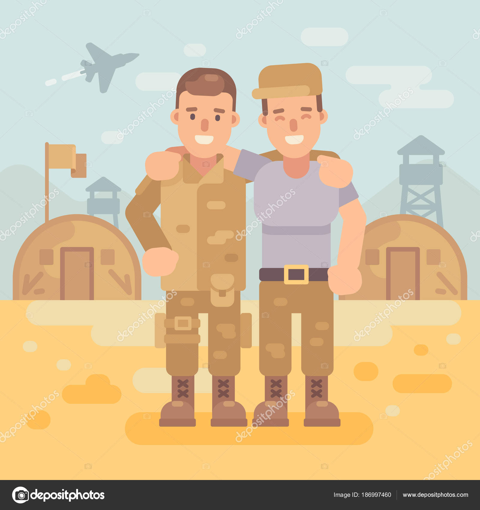 Two happy soldier friends in a military camp flat illustration. Army ...
