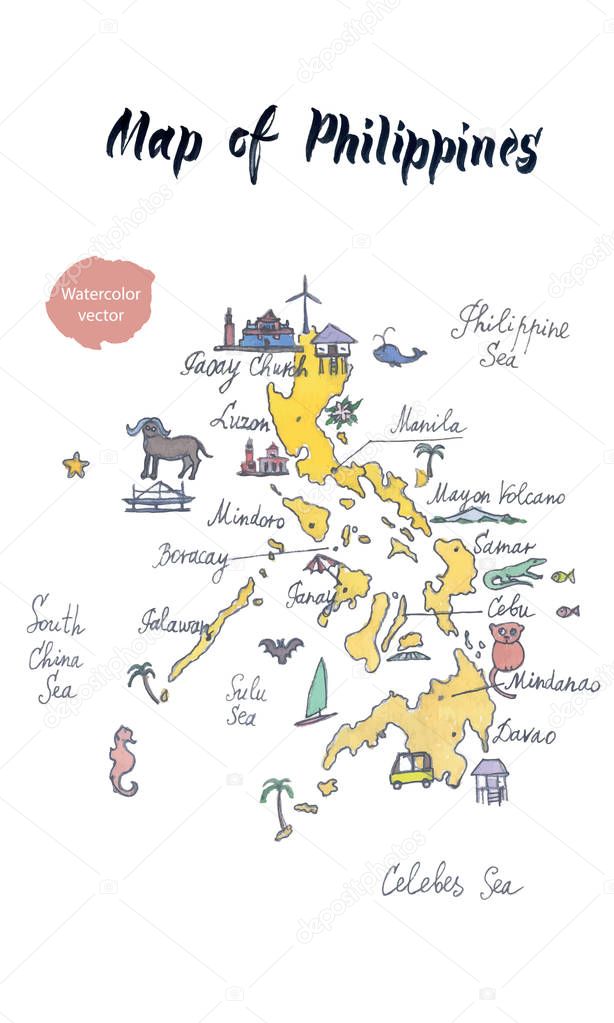 Mapa de atracciones de Filipinas, acuarela dibujada a mano, ilustración ...