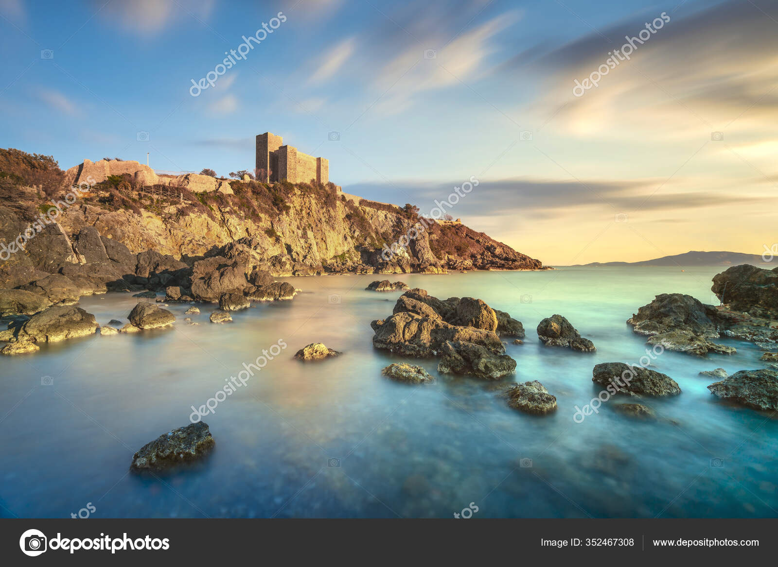 Talamone Rocky Beach Medieval Fortress Rocca Aldobrandesca Walls Sunset ...