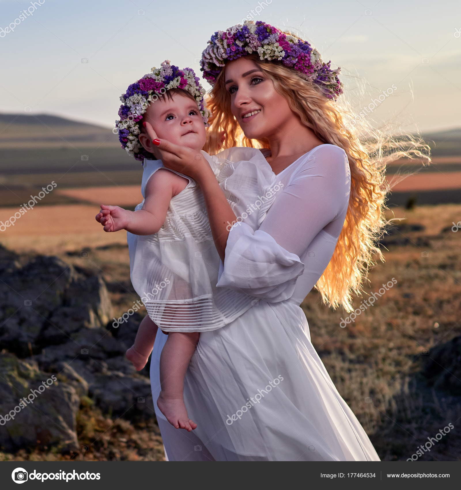Young Beautiful Mother Hugging Her Little Daughter Outdoor Summer ...