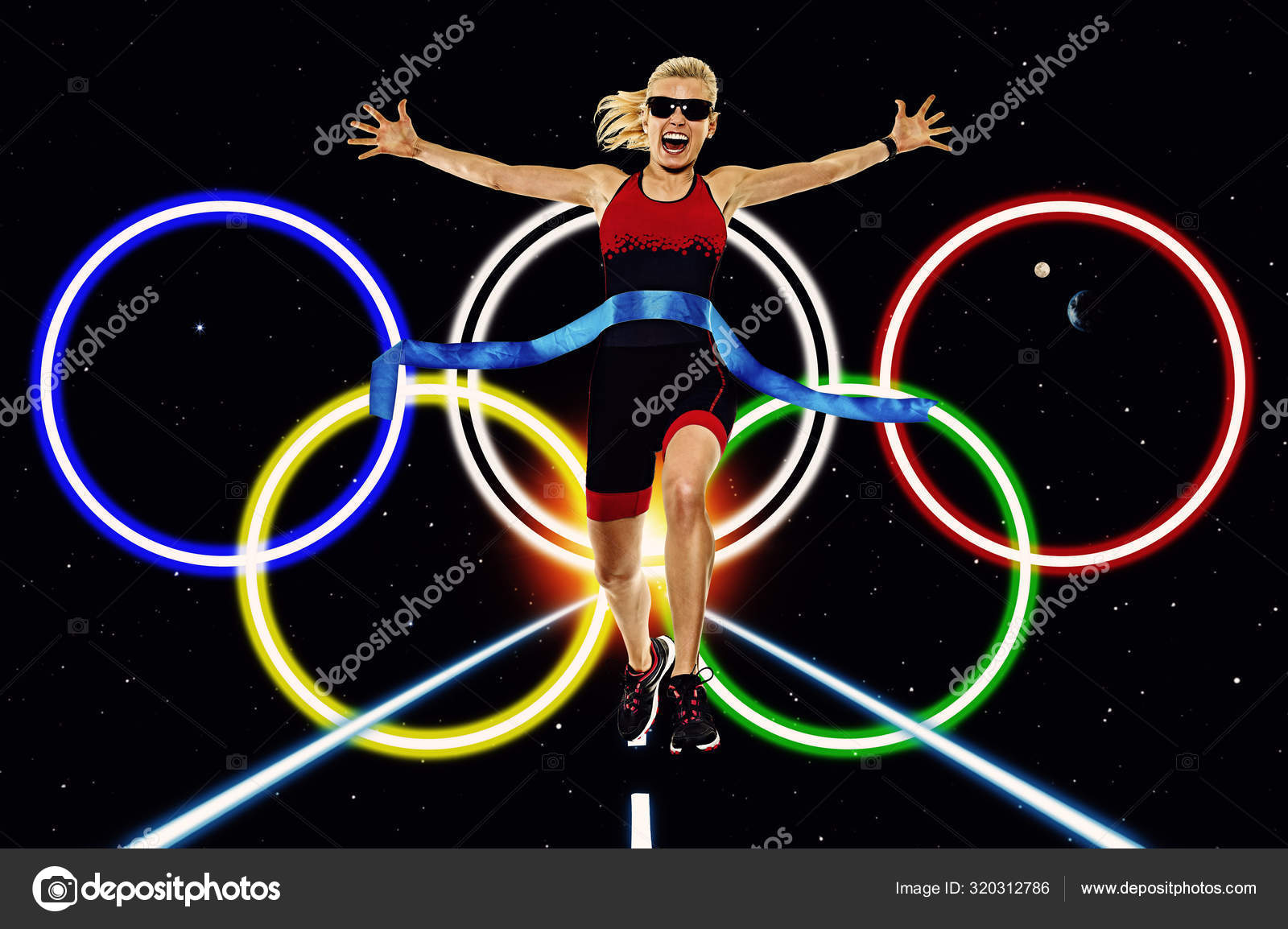 Runner running olympic games rings isolated black background – Stock ...